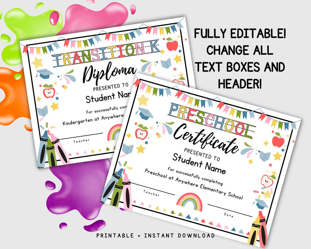 Preschool Kindergarten Diploma Template, FULLY EDITABLE Certificate ...
