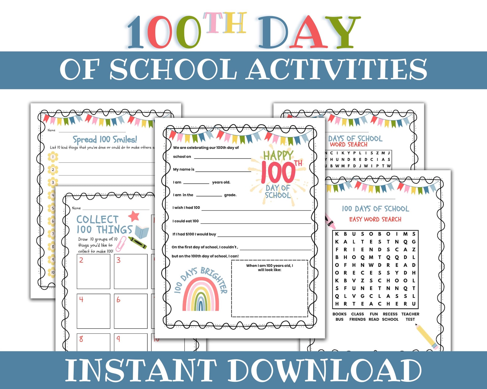 100th Day of School Activities, 100 Day Worksheets, Word Search, 100th ...