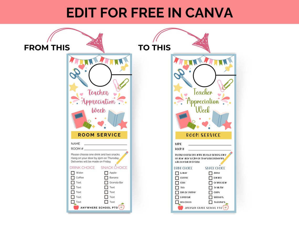 Teacher Appreciation Room Service Door Hanger, Printable Editable ...
