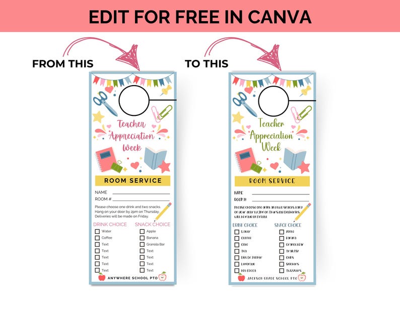 Teacher Appreciation Room Service Door Hanger, Printable Editable ...
