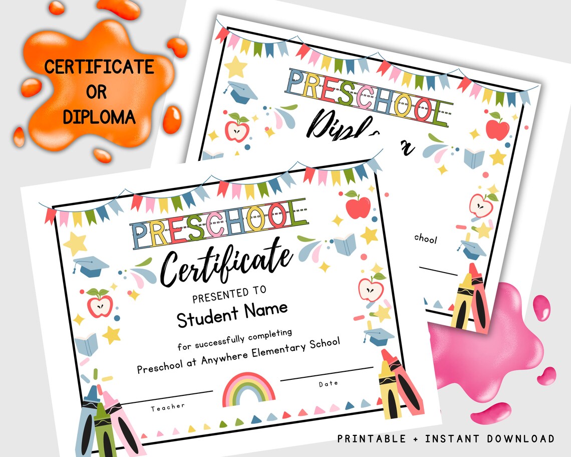 Printable Preschool Diploma - Preschool Graduation Certificate ...