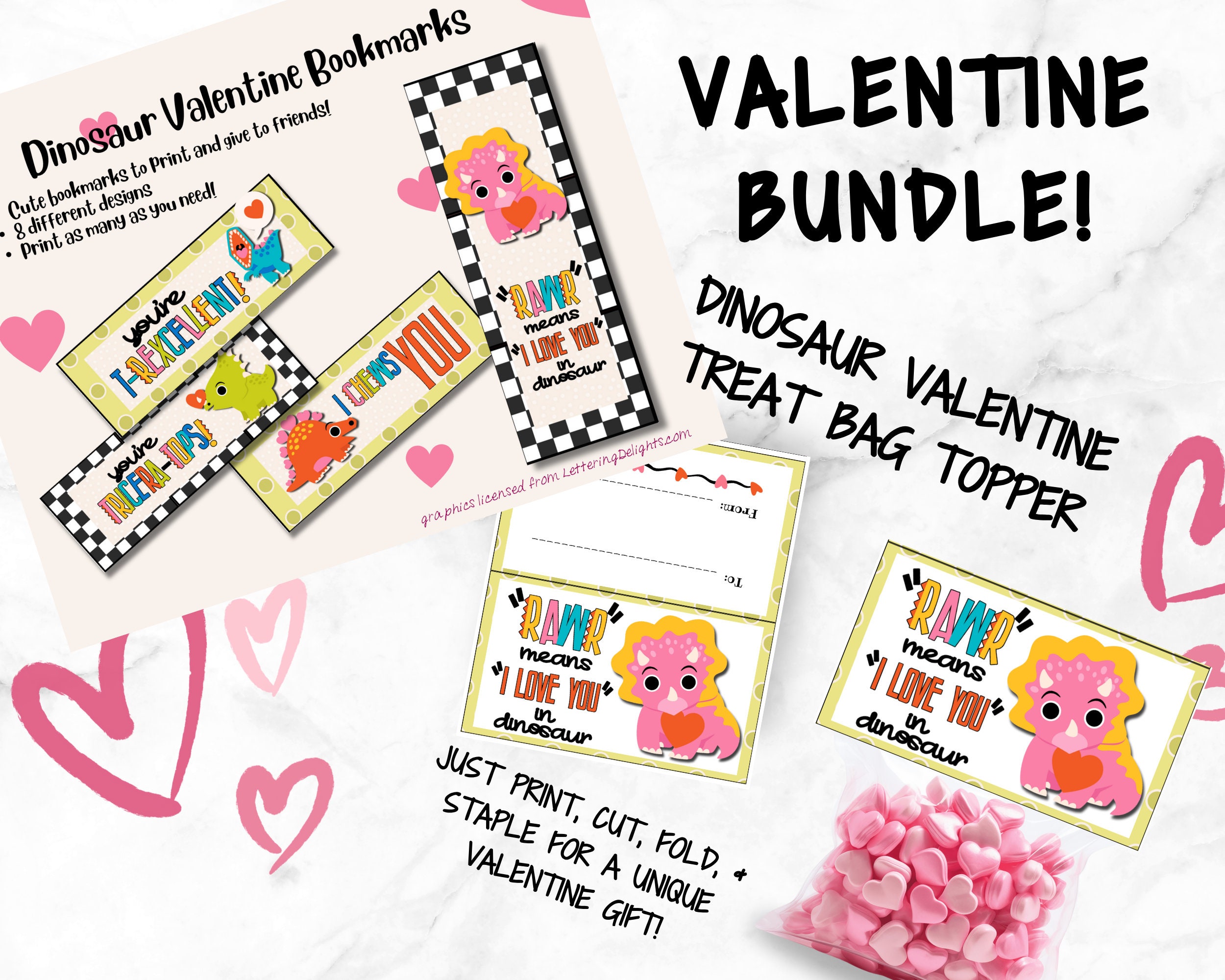 Dinosaur Valentine PRINTABLE BUNDLE, Bright Dinosaur Treat Bag Toppers ...