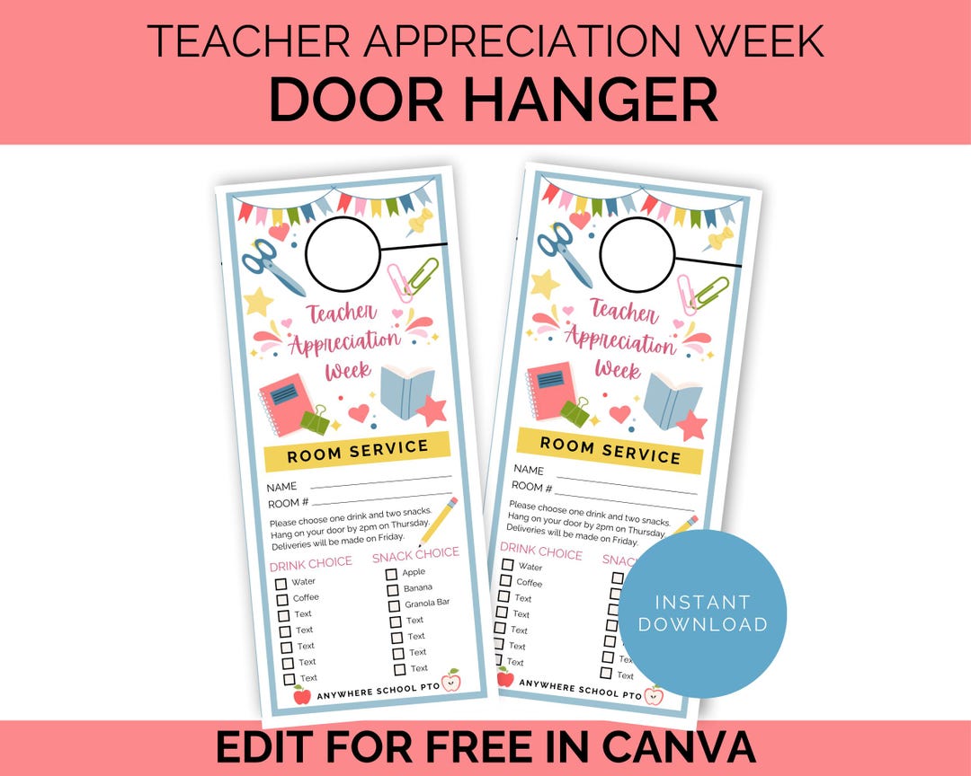 Teacher Appreciation Room Service Door Hanger, Printable Editable ...