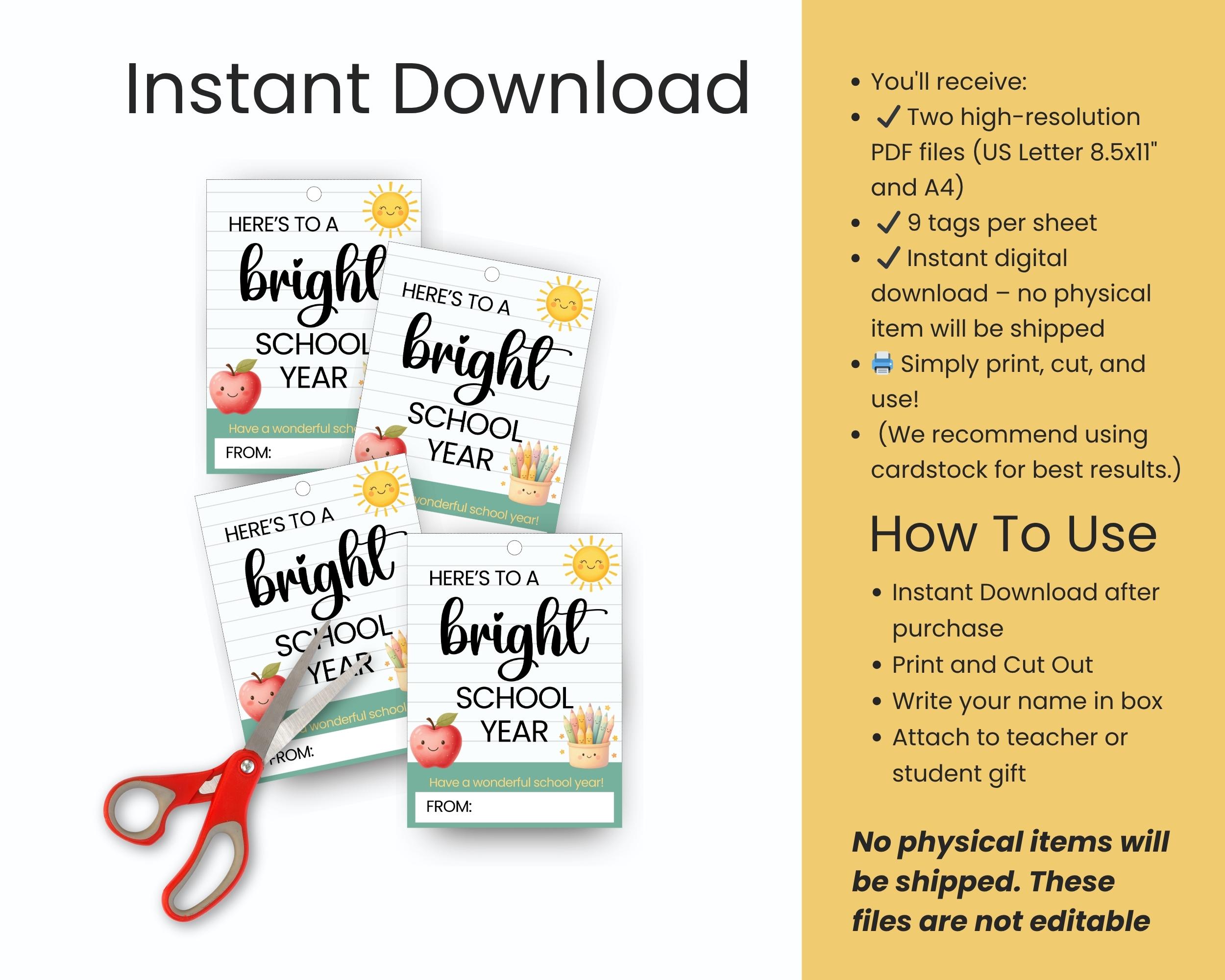 Back to School Printable Gift Tags | Here's to a Bright School Year ...