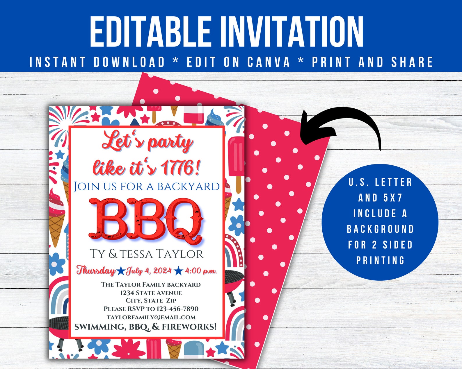 Editable 4th of July BBQ Invitation – Patriotic Canva Template – Red ...