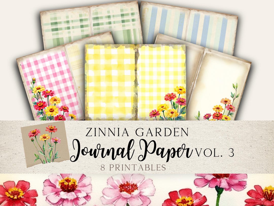 Zinnia Garden--junk Journal Pages, 8 Printable Digital Papers, Gingham ...