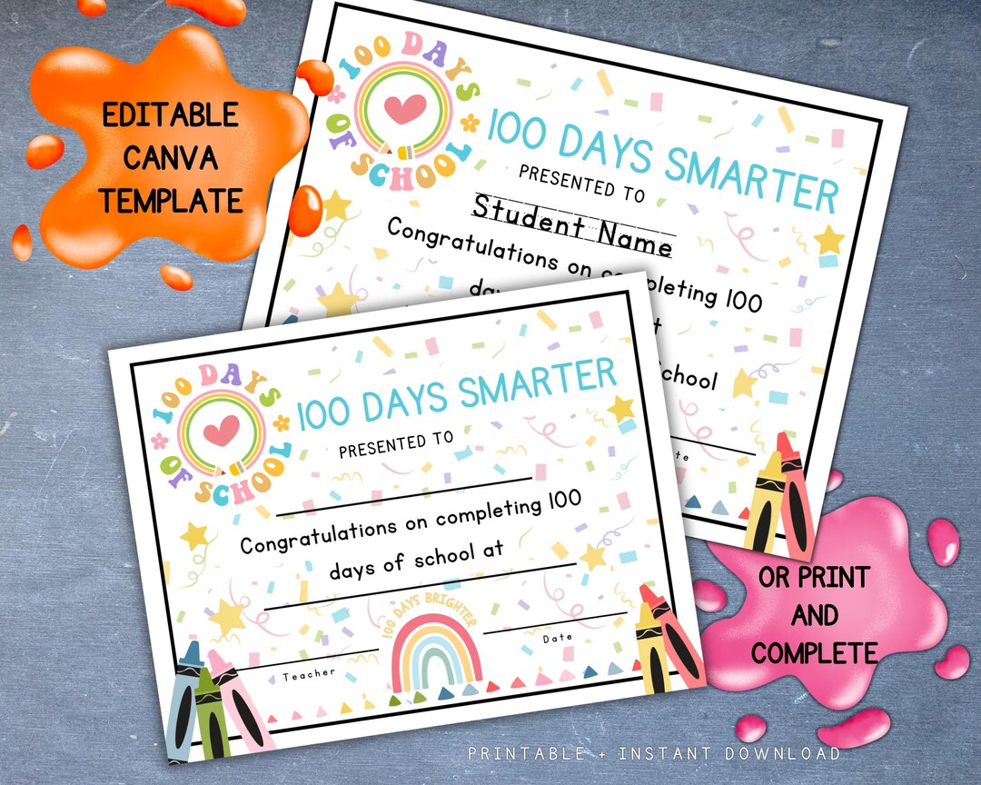 100th Day of School Certificate Template, 100 Day Printable Certificate ...