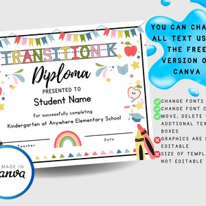 Transitional K and TK Diploma Template, PRINTABLE TK Certificate, Canva ...