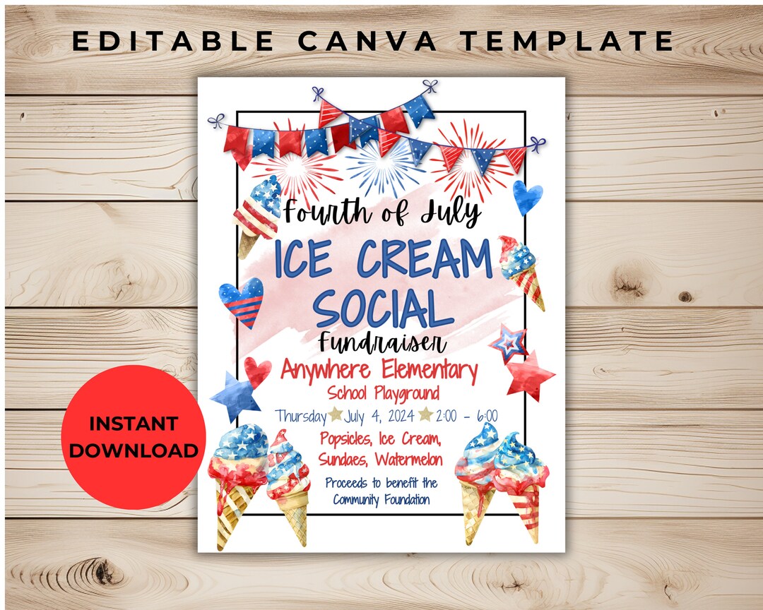 July 4th Ice Cream Social Flyer | Ice Cream Fundraiser | Canva Template ...