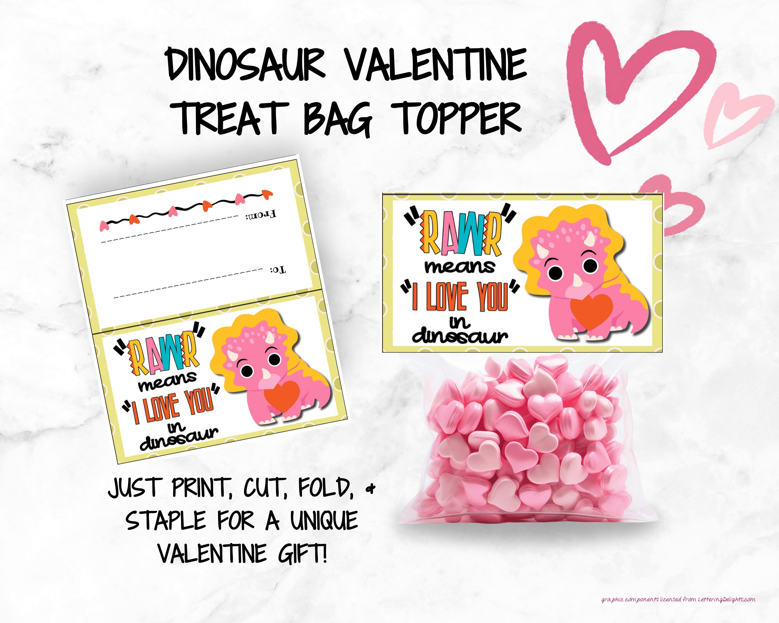Dinosaur Valentine PRINTABLE BUNDLE, Bright Dinosaur Treat Bag Toppers ...