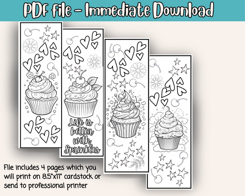 Printable Coloring Bookmark Adult, Cute Cupcake Bookmarks, Relaxing ...