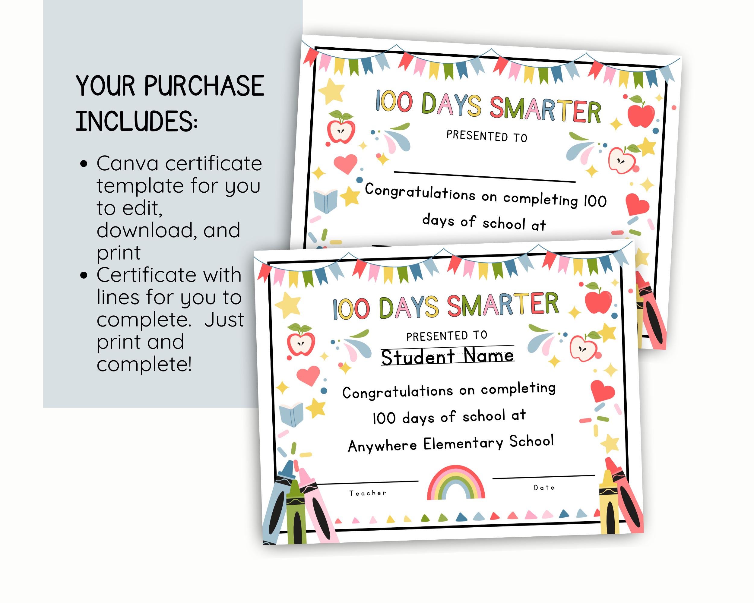 100th Day of School Certificate Template, 100 Day Printable Certificate ...