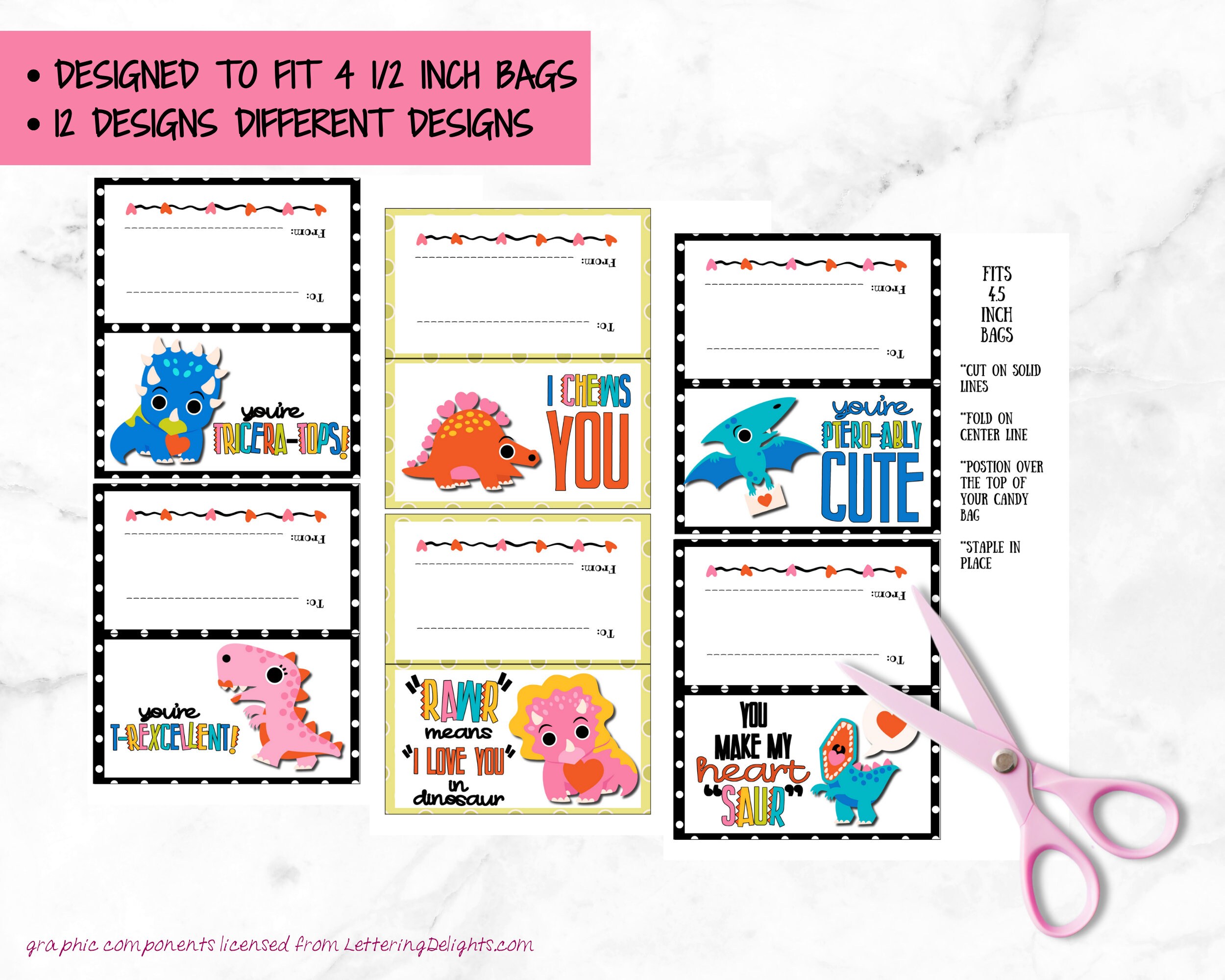 Dinosaur Valentine PRINTABLE BUNDLE, Bright Dinosaur Treat Bag Toppers ...