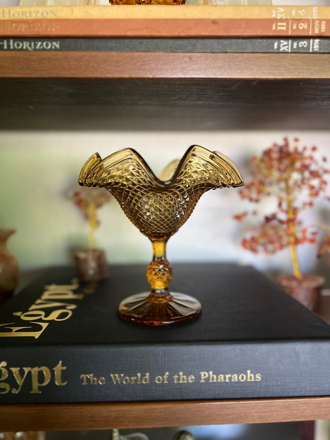 Vintage Amber Ivima Glass Diamond Point Candy Dish Footed Compote Portugal Retro - Etsy