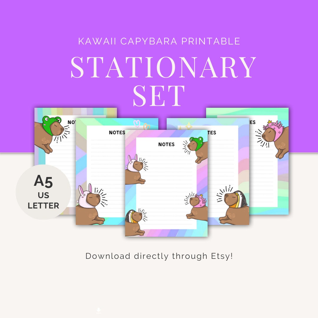 US Letter Size Cute Capybara Stationary Digital Download Rainbow Design ...