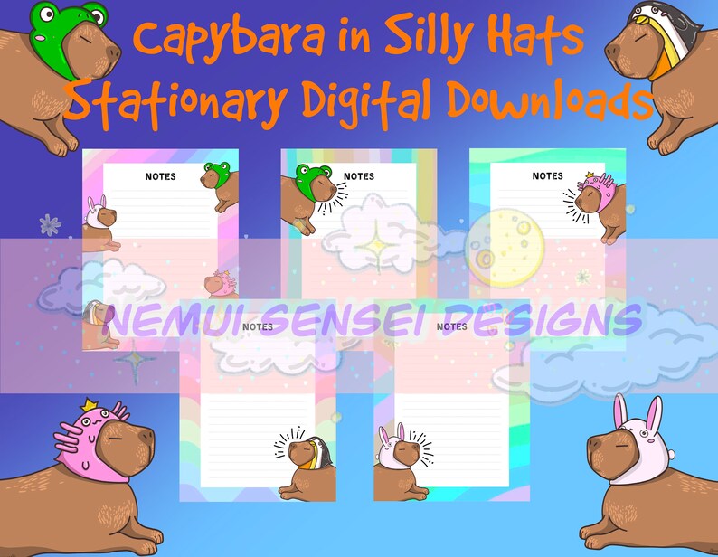 US Letter Size Cute Capybara Stationary Digital Download Rainbow Design ...