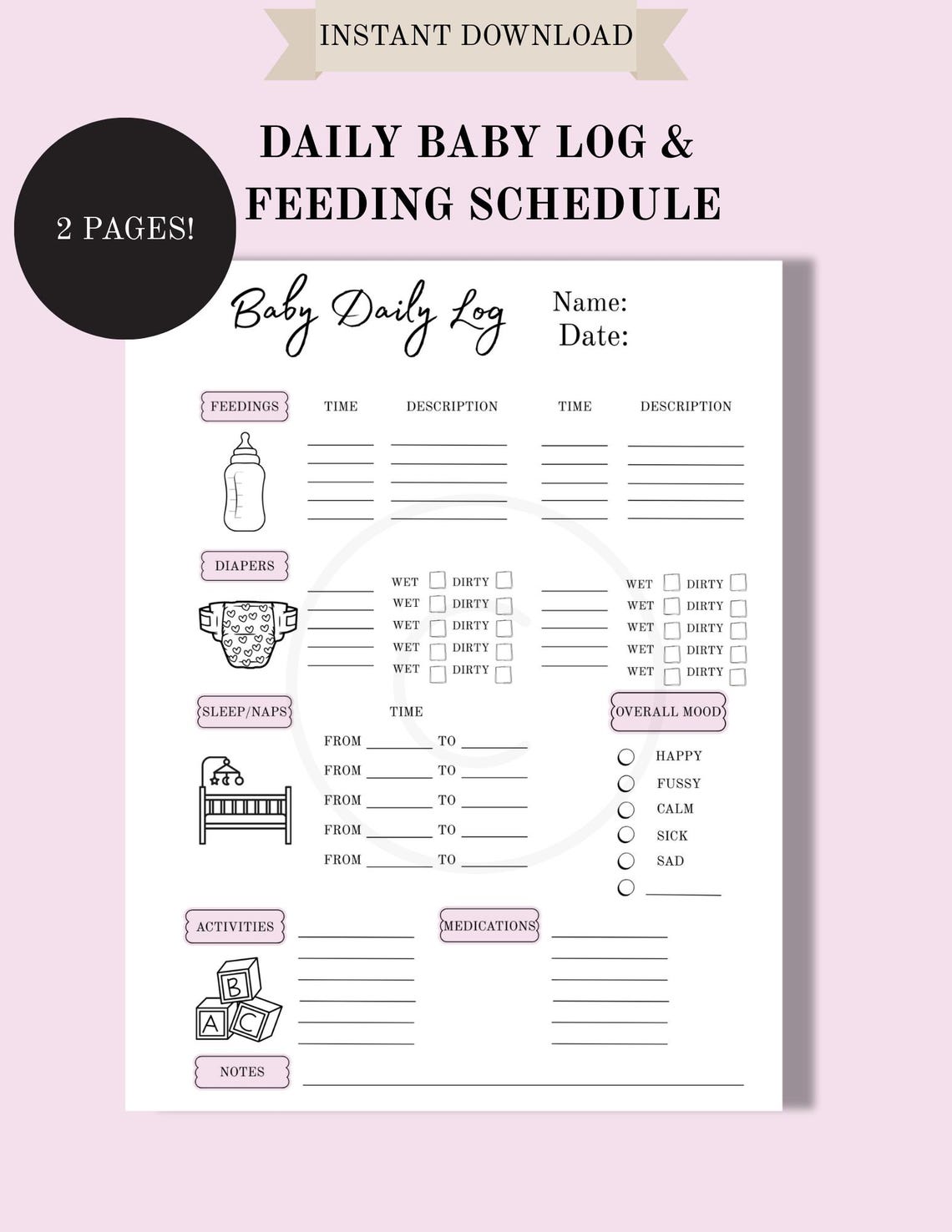 2 Baby Daily Log Tracker Printable - Newborn Feeding, Diaper, Sleep ...