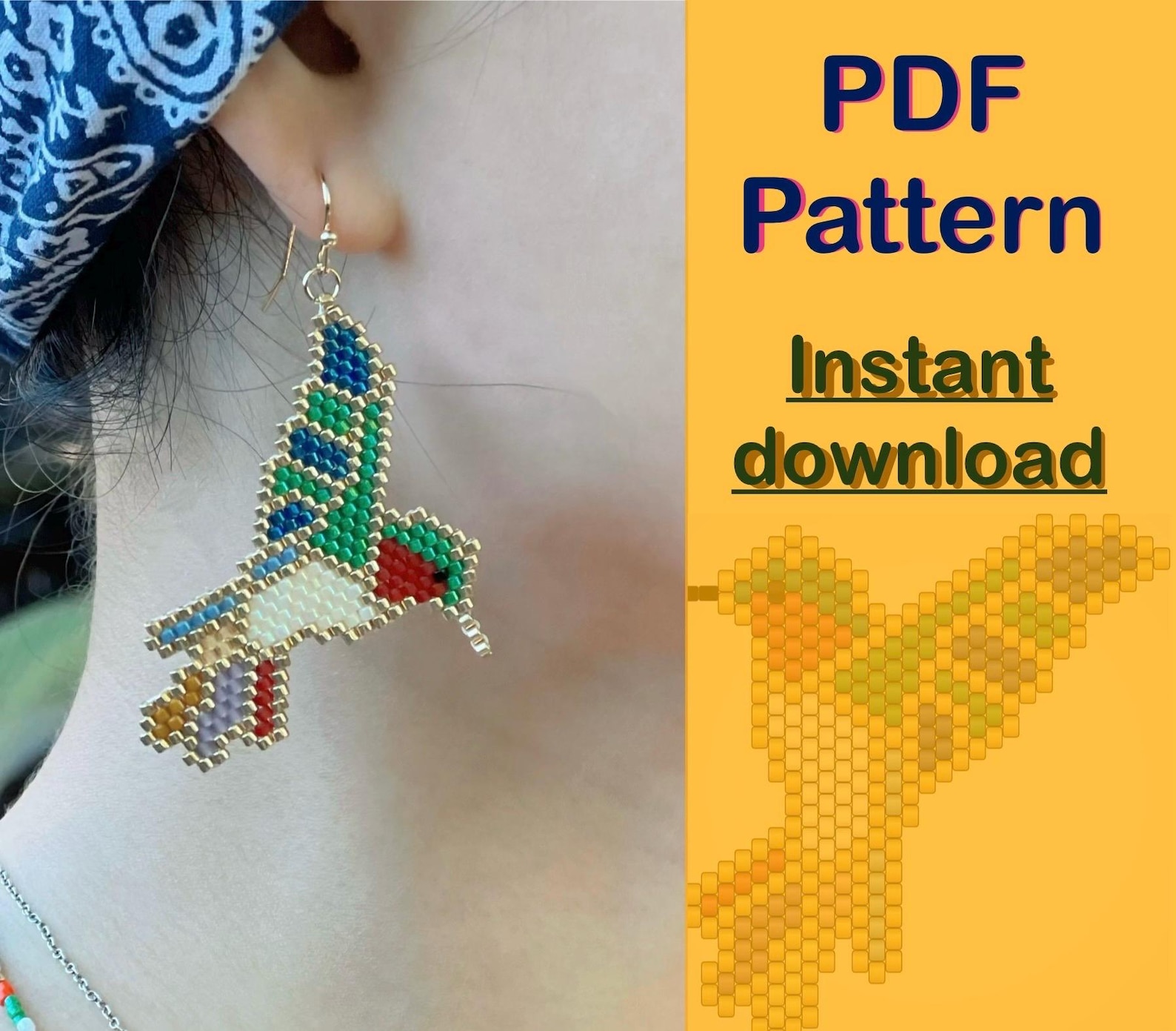 Hummingbird Brick Stitch Beading Pattern – Miyuki Delica 11/0 Beadwork ...