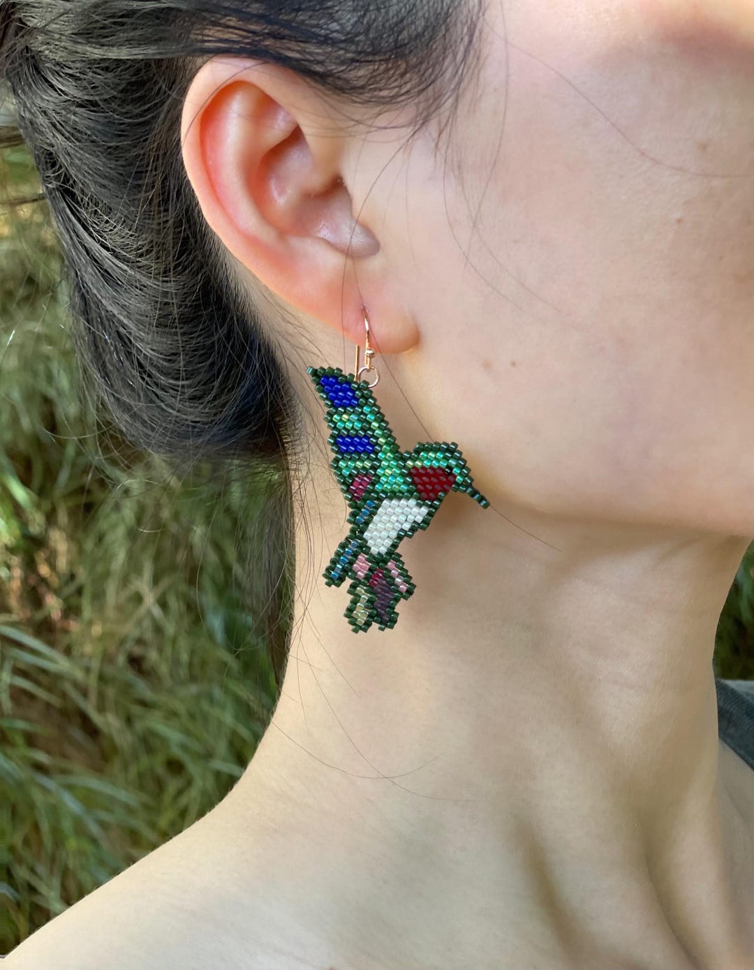 Handmade Beaded Hummingbird Dangle Earrings: Colorful Glass Seed Beads ...