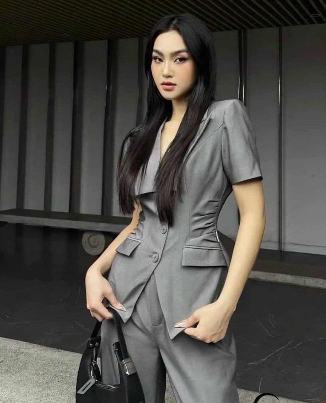 Grey Short Sleeves Side Pleated Suit Set - Etsy