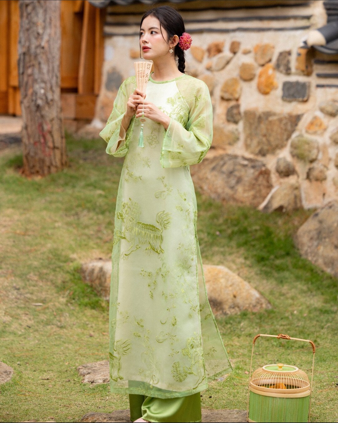 Vietnamese Modern Aodai Kylan Embroidered Green, Pants Included - Etsy