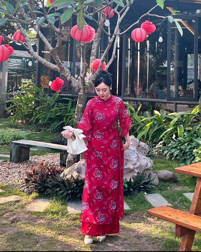 Vietnamese Modern Aodai Dindan Red, Pants Included - Etsy