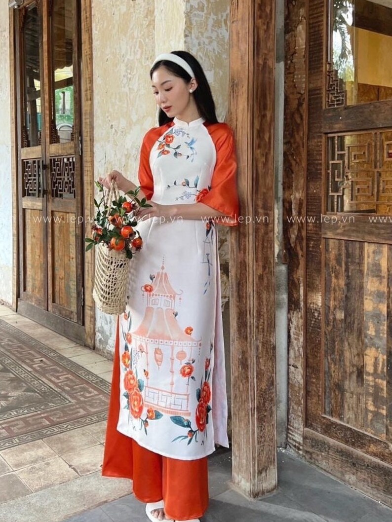 Vietnamese Traditional Aodai Orange, Pants Included - Etsy