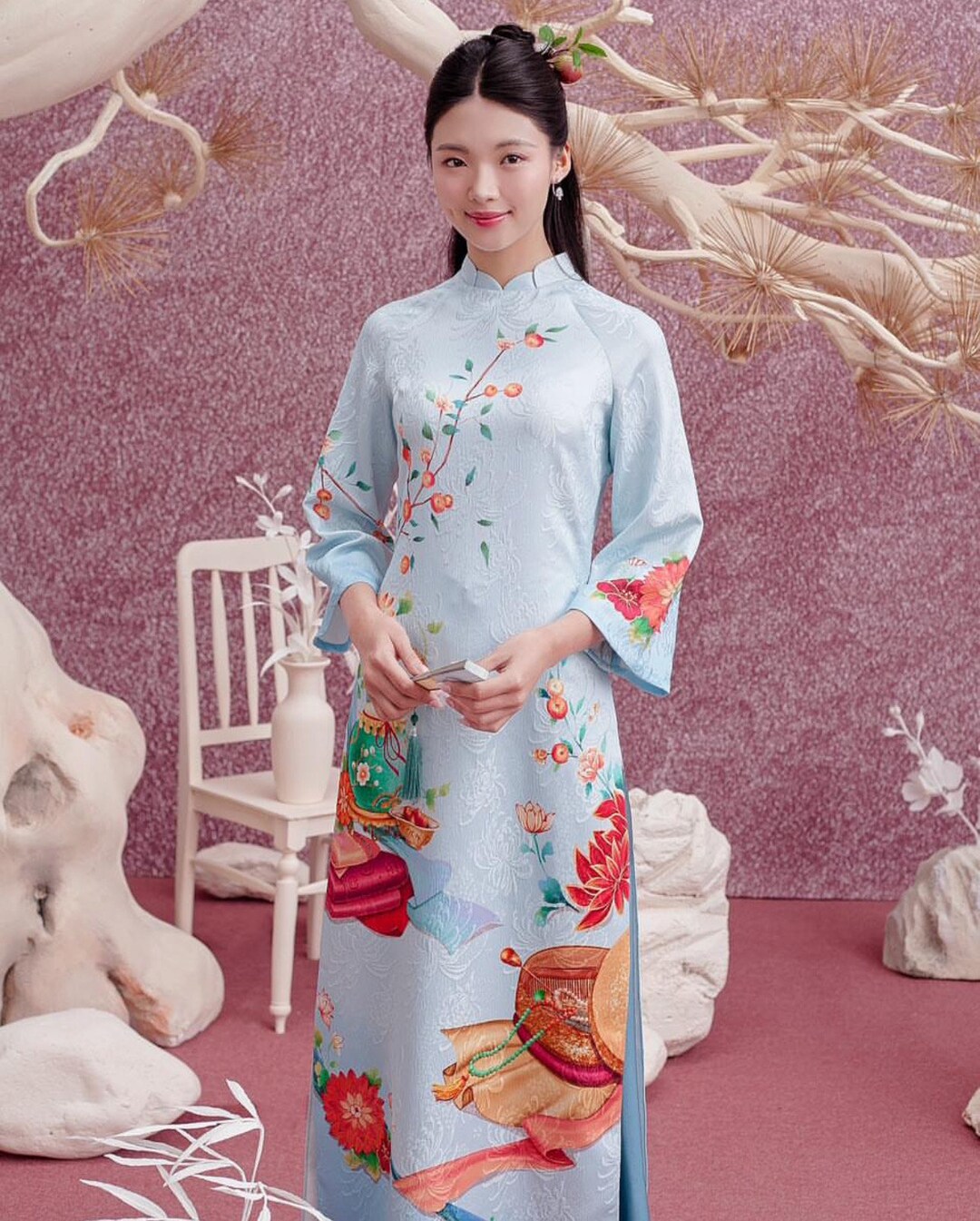 Vietnamese Traditional & Modern Ao Dai Sky Blue Lylan, Pants Included ...
