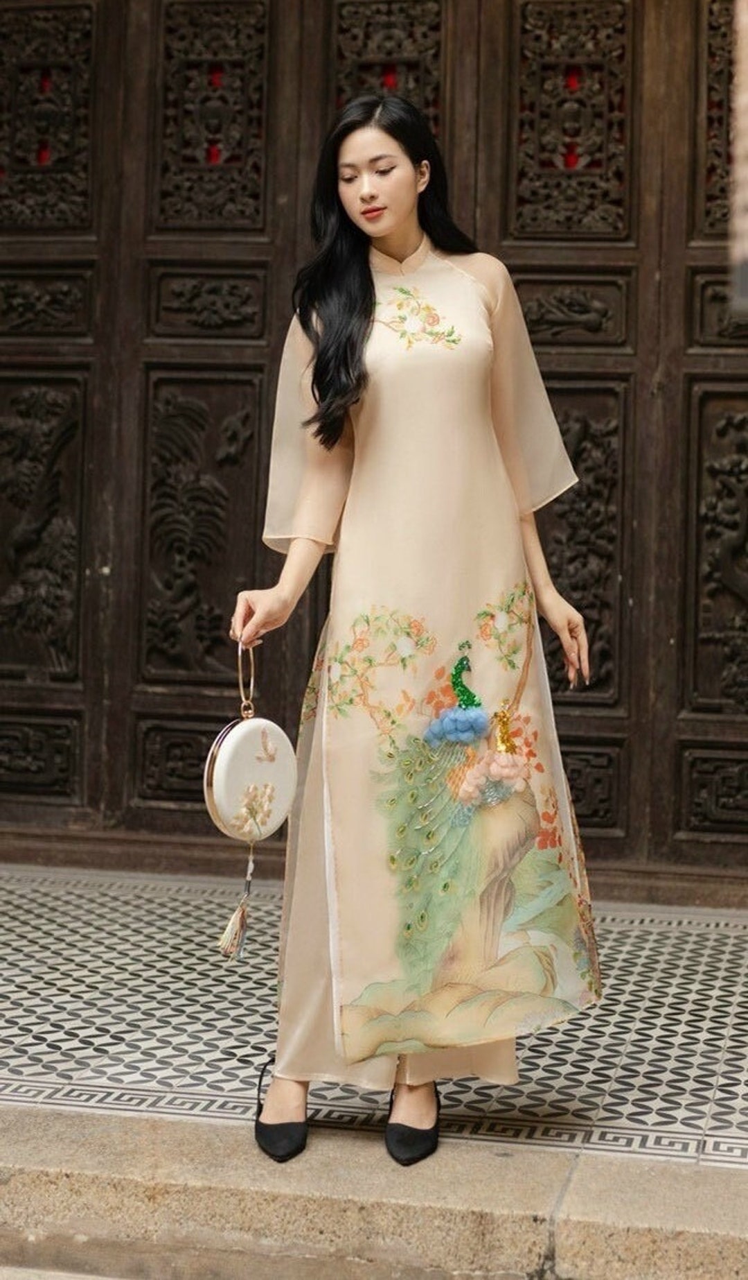 Vietnamese Modern Aodai Phuongnga Beige, Pants Included - Etsy