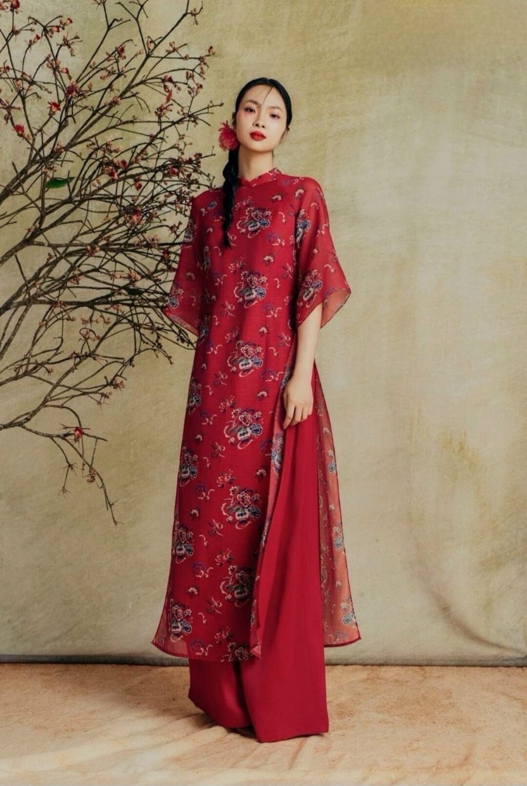 Vietnamese Modern Aodai Dindan Red, Pants Included - Etsy