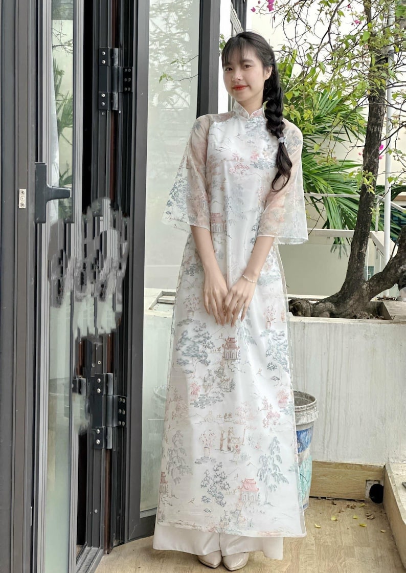 Vietnamese Modern Aodai Thuymac White Ao Dai Loose Style, Pants ...