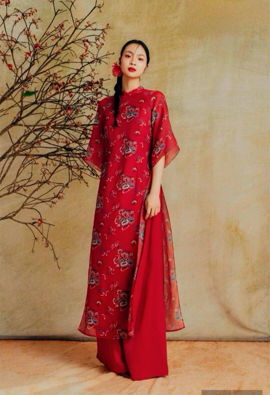 Vietnamese Modern Aodai Dindan Red, Pants Included - Etsy