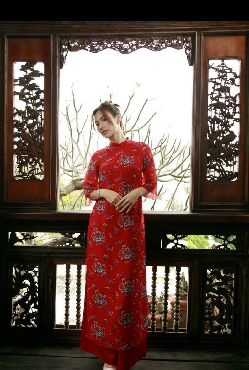 Vietnamese Modern Aodai Dindan Red, Pants Included - Etsy