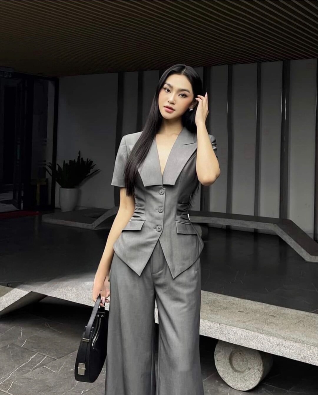 Grey Short Sleeves Side Pleated Suit Set - Etsy