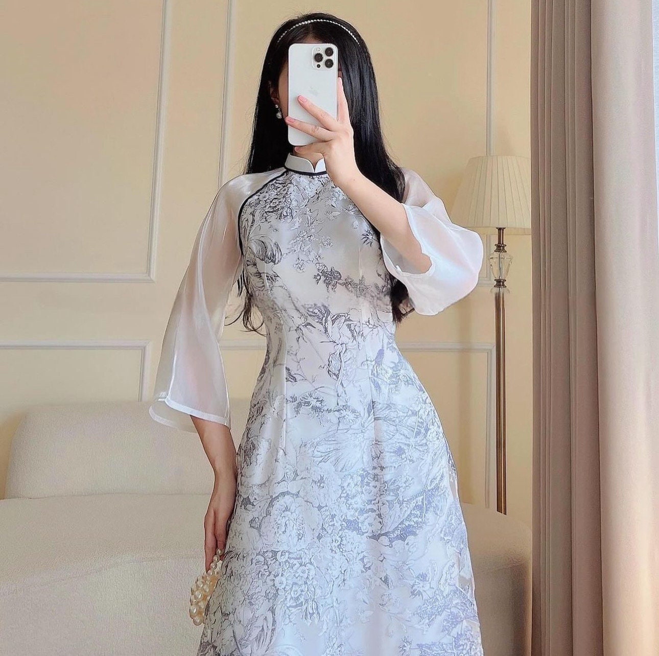 Vietnamese Traditional & Modern Navy Blue Aodai Floral, Pants Included ...
