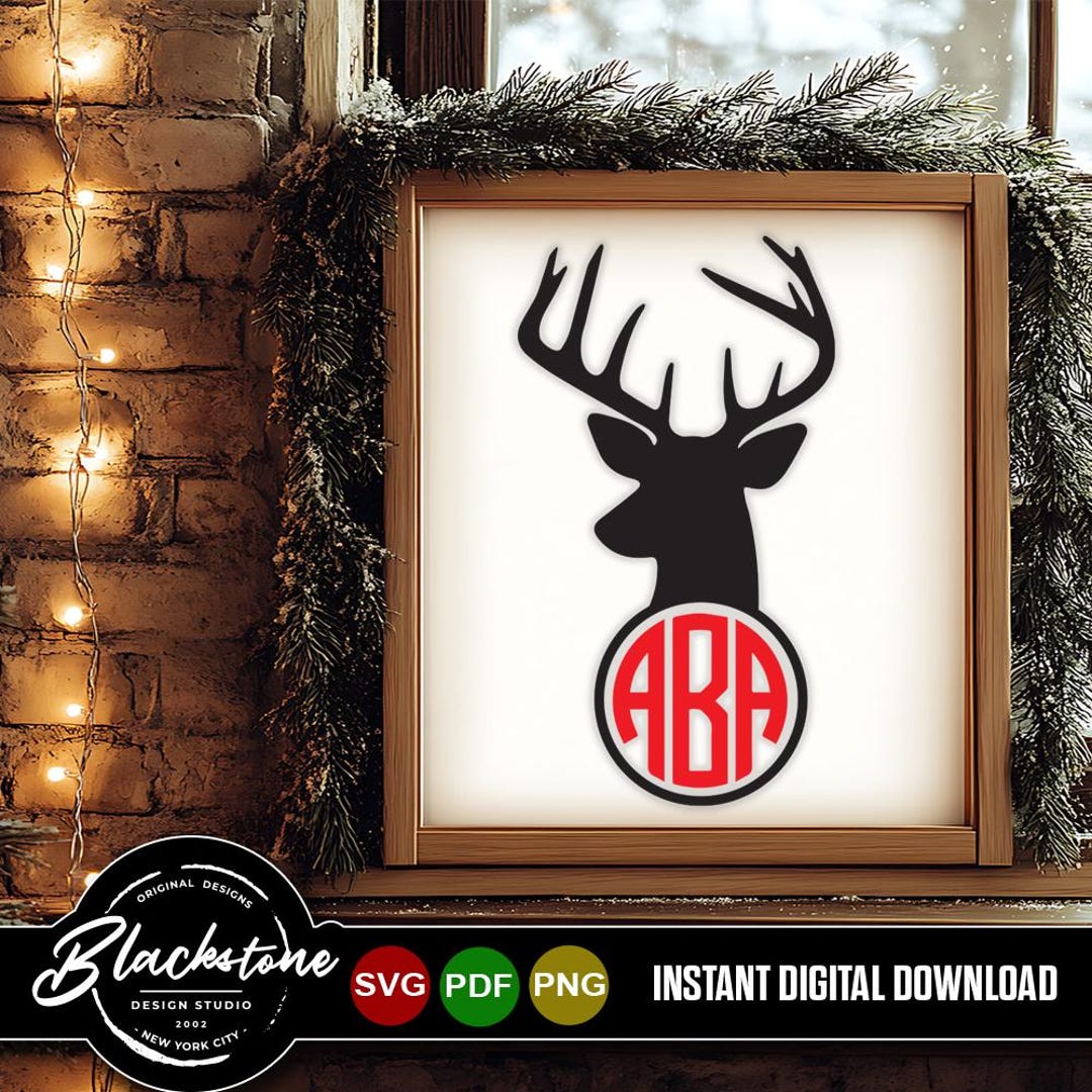 Buck Head SVG PNG - Customizable Monogram Split Deer Head Design for Deer Hunting Crafts ...