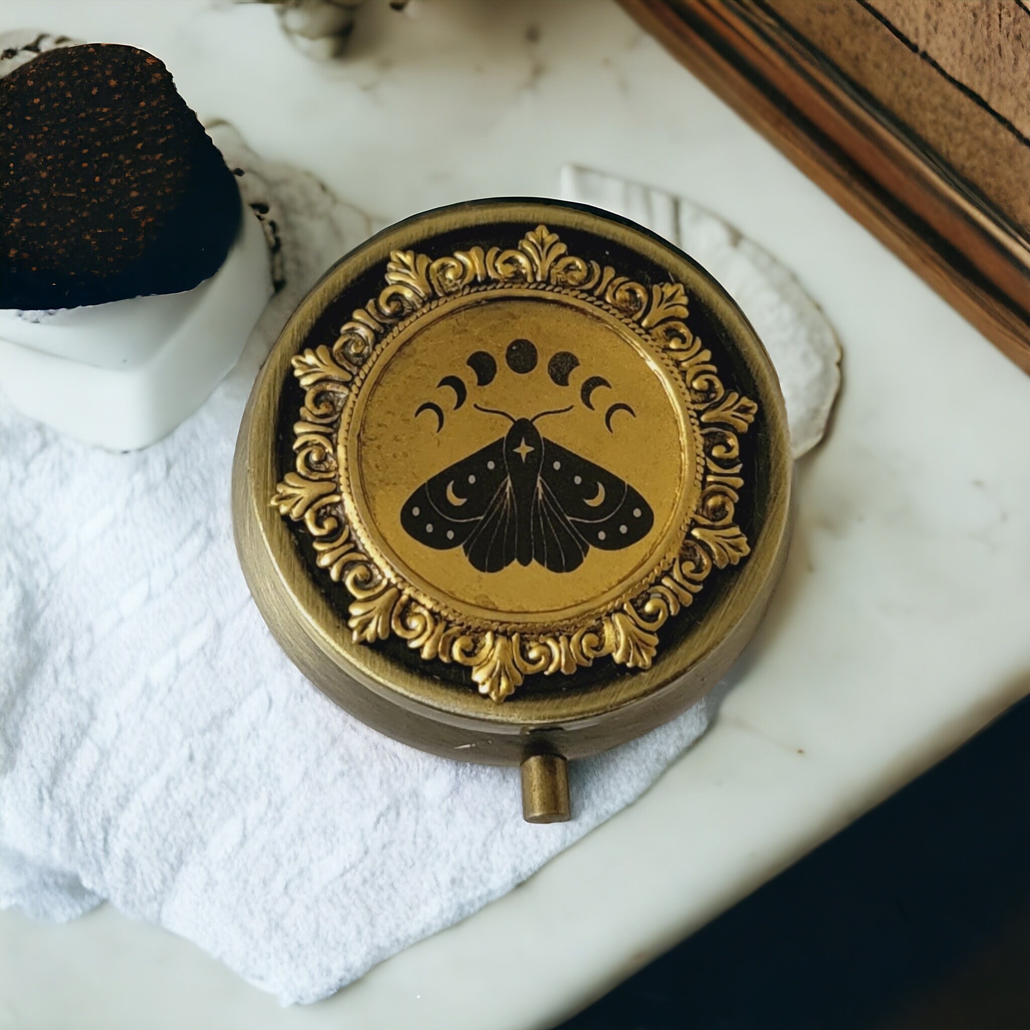 Engraved Pillbox Celestial Moon Phase Moth Pill Box - Etsy