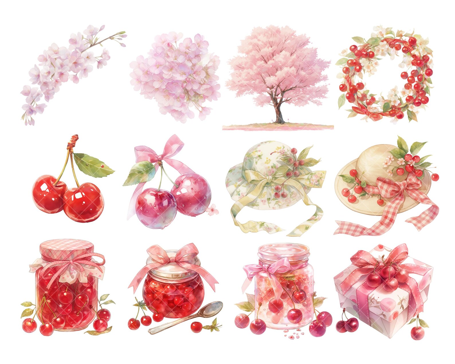 Watercolor Cherry Themed Clipart Pink Red Cherries Cherry Picnic Niji ...