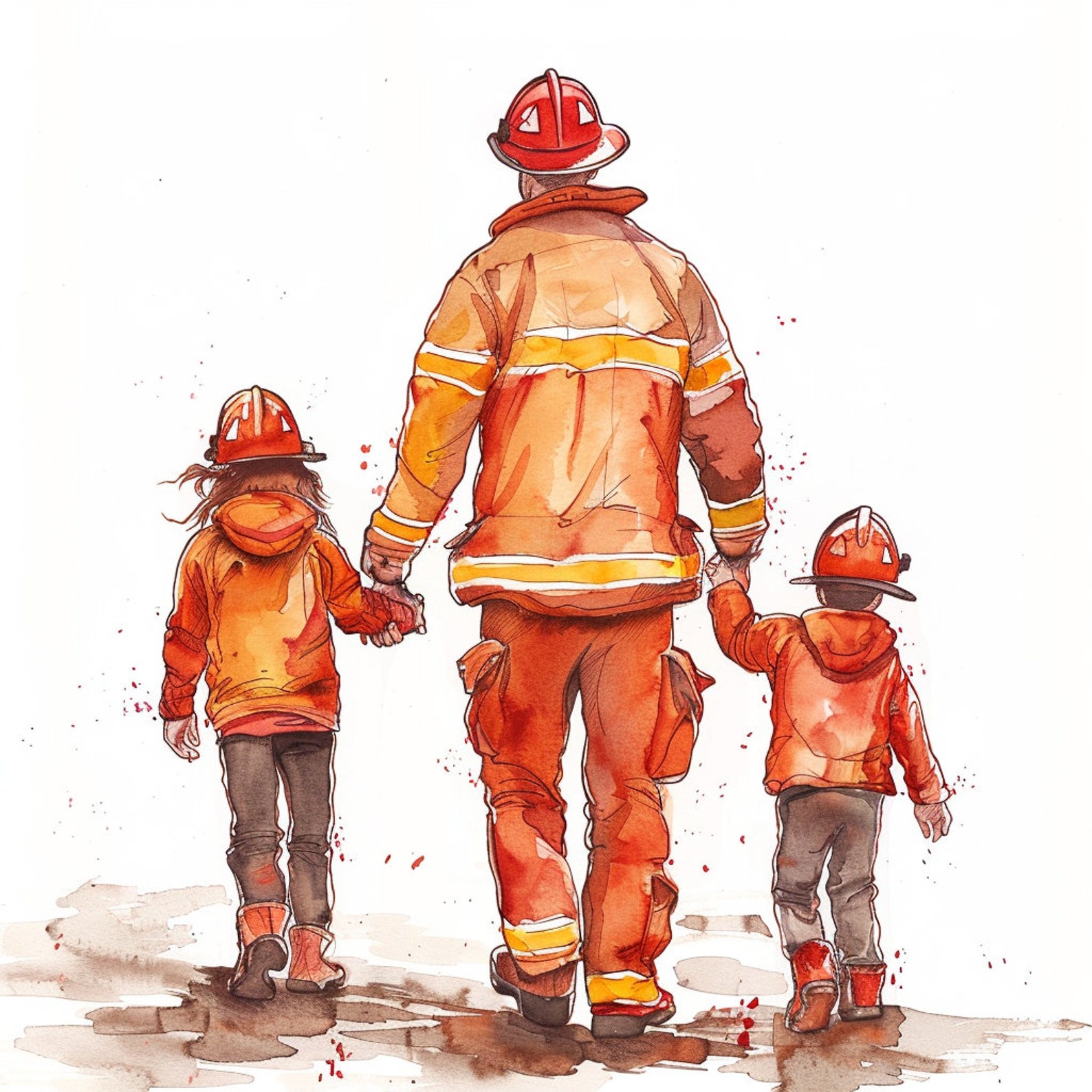 Firefighter Dad With Daughter and Son Watercolour DIGITAL DOWNLOAD - Etsy