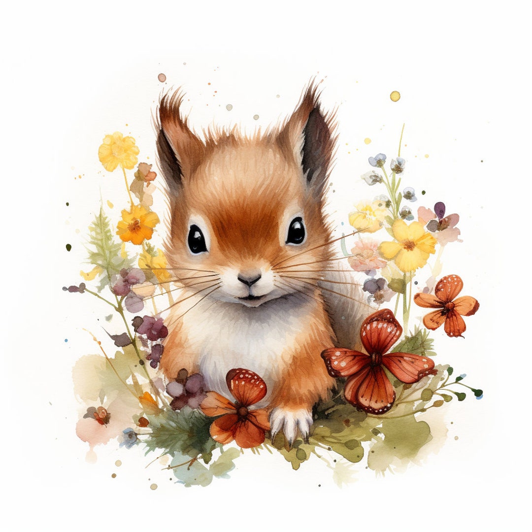 Baby Squirrel Floral Watercolour DIGITAL PRINT FILE - Etsy