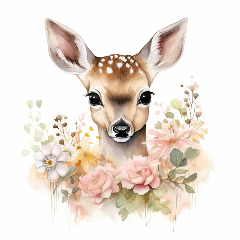 Baby Fawn Floral Watercolour DIGITAL PRINT FILE - Etsy