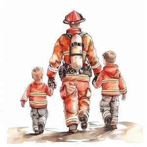 Firefighter Dad With Two Children Watercolour DIGITAL DOWNLOAD - Etsy