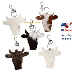 Cow Head Keychain Cowhide Hair on Leather | Western Boho Key Ring ...