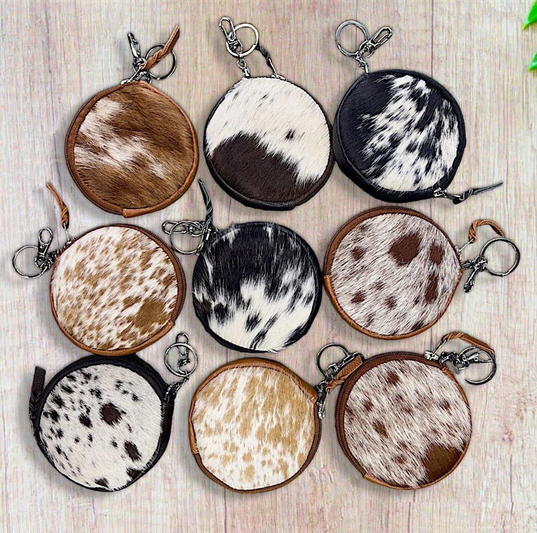 Cowhide Coin Purse Round Leather Card Holder Western Keychain Wallet ...