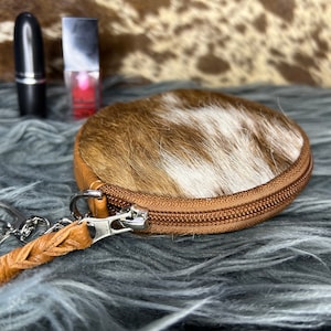Cowhide Coin Purse Round Leather Card Holder Western Keychain Wallet ...