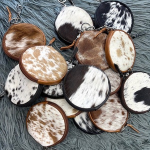 Cowhide Coin Purse Round Leather Card Holder Western Keychain Wallet ...