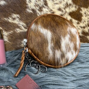 Cowhide Coin Purse Round Leather Card Holder Western Keychain Wallet ...
