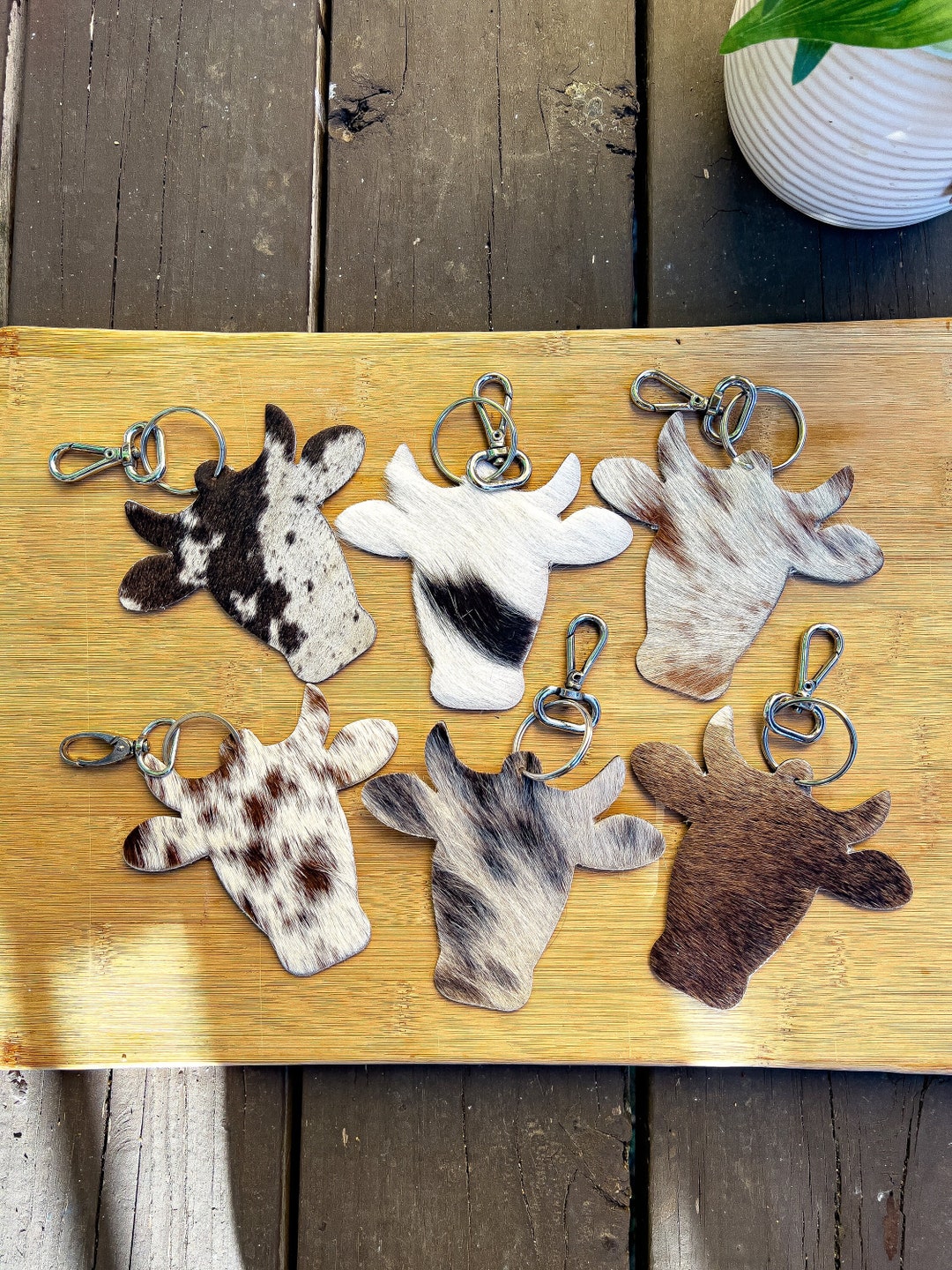 Cow Head Keychain Cowhide Hair on Leather | Western Boho Key Ring ...