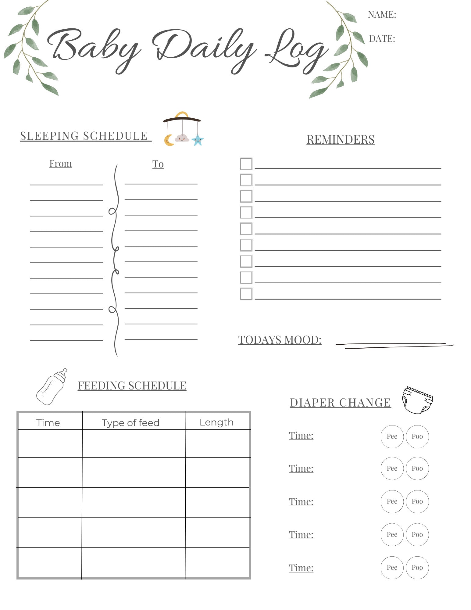 Infant Daily Log Printable, Baby Daily Log Template, Baby Care Tracker ...