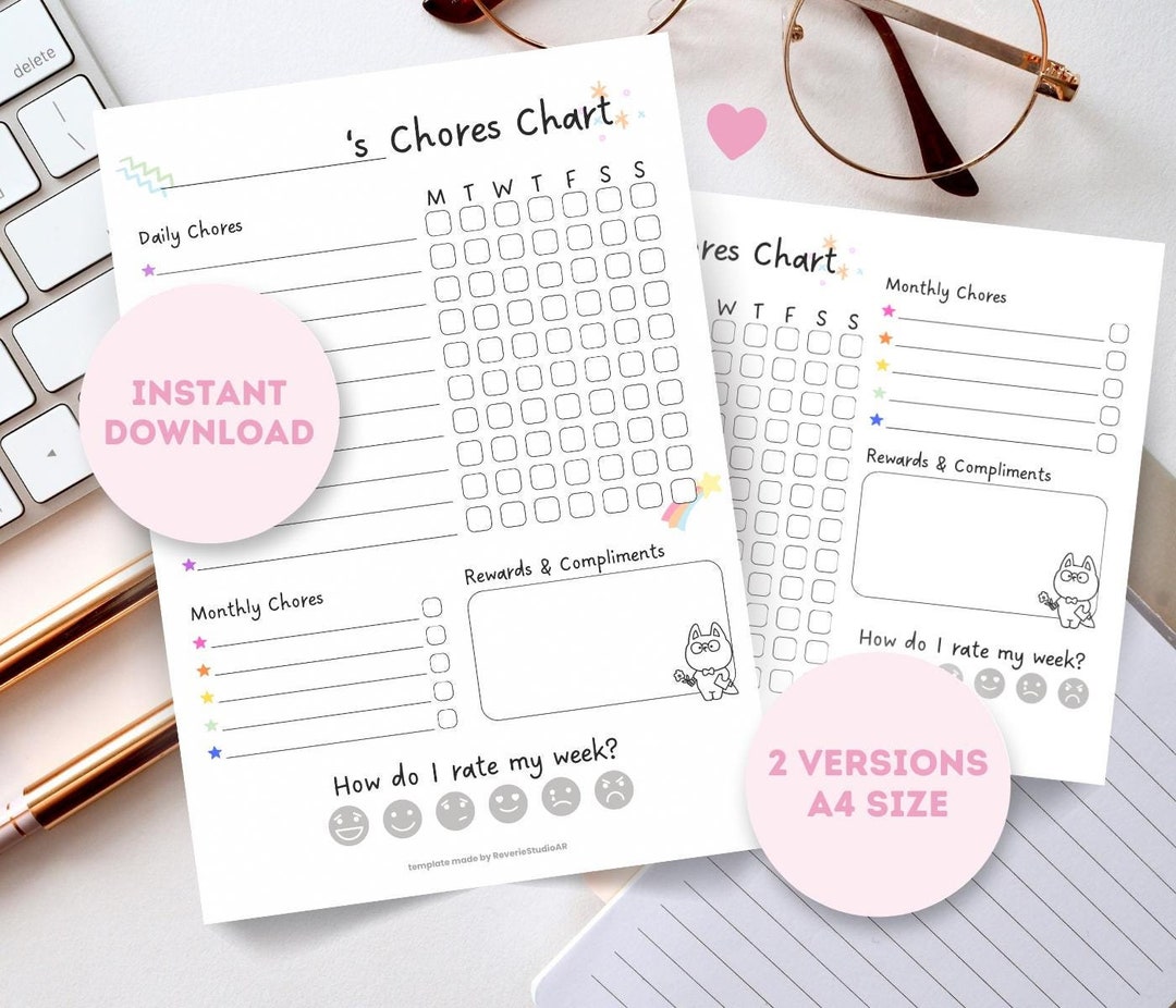 Printable Kids Chore Chart, Daily and Monthly Tracker, Fun Colorful and ...
